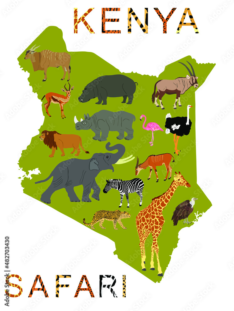 Kenya safari word, animal skin print over separated letter vector ...