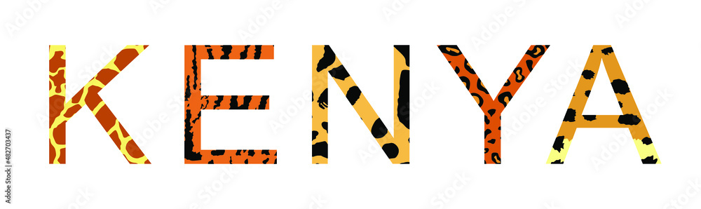 Kenya word with animal skin print over separated letter vector ...