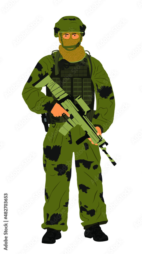 Camouflage army soldier with sniper rifle, helmet and full equipment on ...