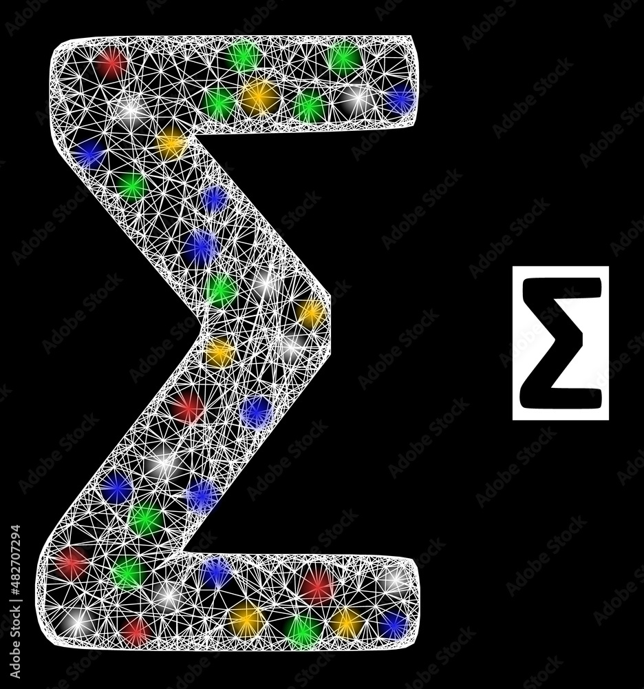 Glowing crossing mesh Sigma Greek symbol with colored flash nodes ...