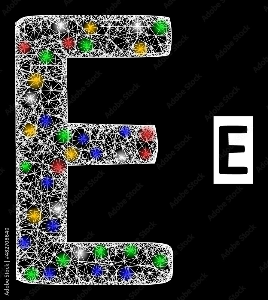 Glowing crossing mesh Epsilon Greek symbol with colorful glowing spots ...