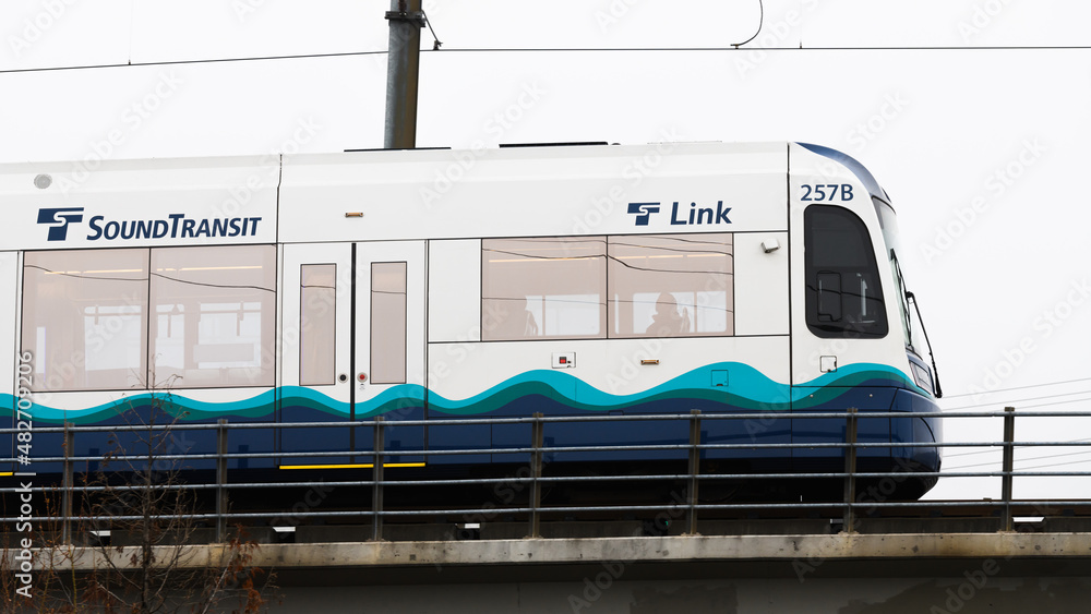 Seattle - January 23, 2022; A Sound Transit link Light Rail train on a ...