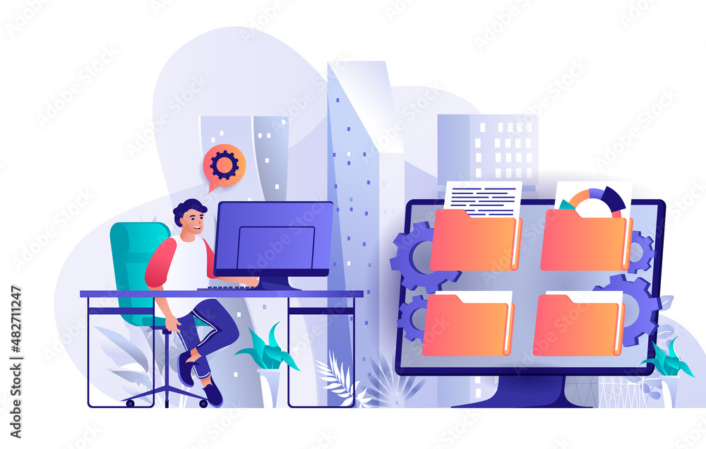 Cyberspace management concept in flat design. Operations, organization ...