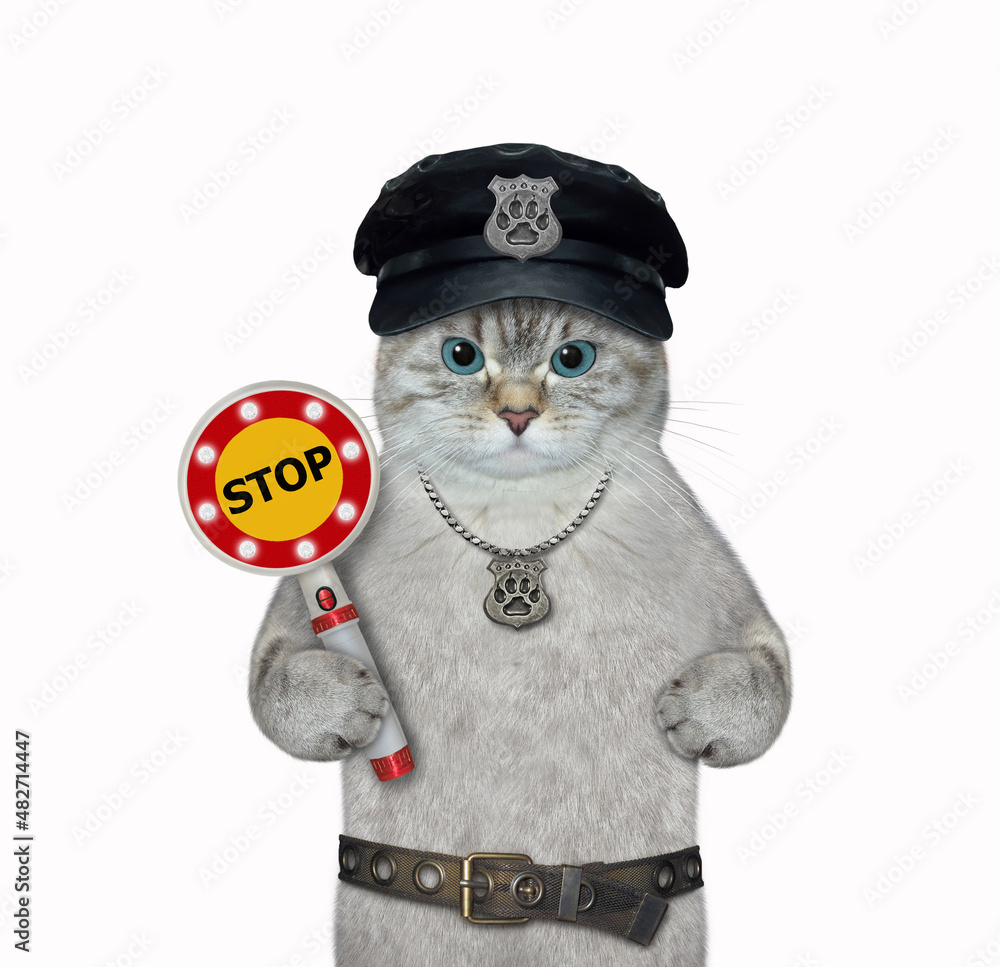 An ashen cat cop in a black hat with a police badge around his neck ...