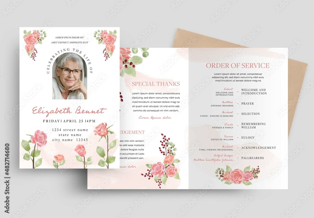 Funeral Program Obituary Memorial Service Brochure with Watercolor ...