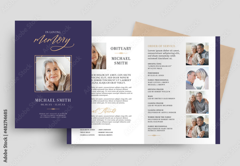 Simple Modern Blue Purple Funeral Program Obituary Bifold Brochure ...