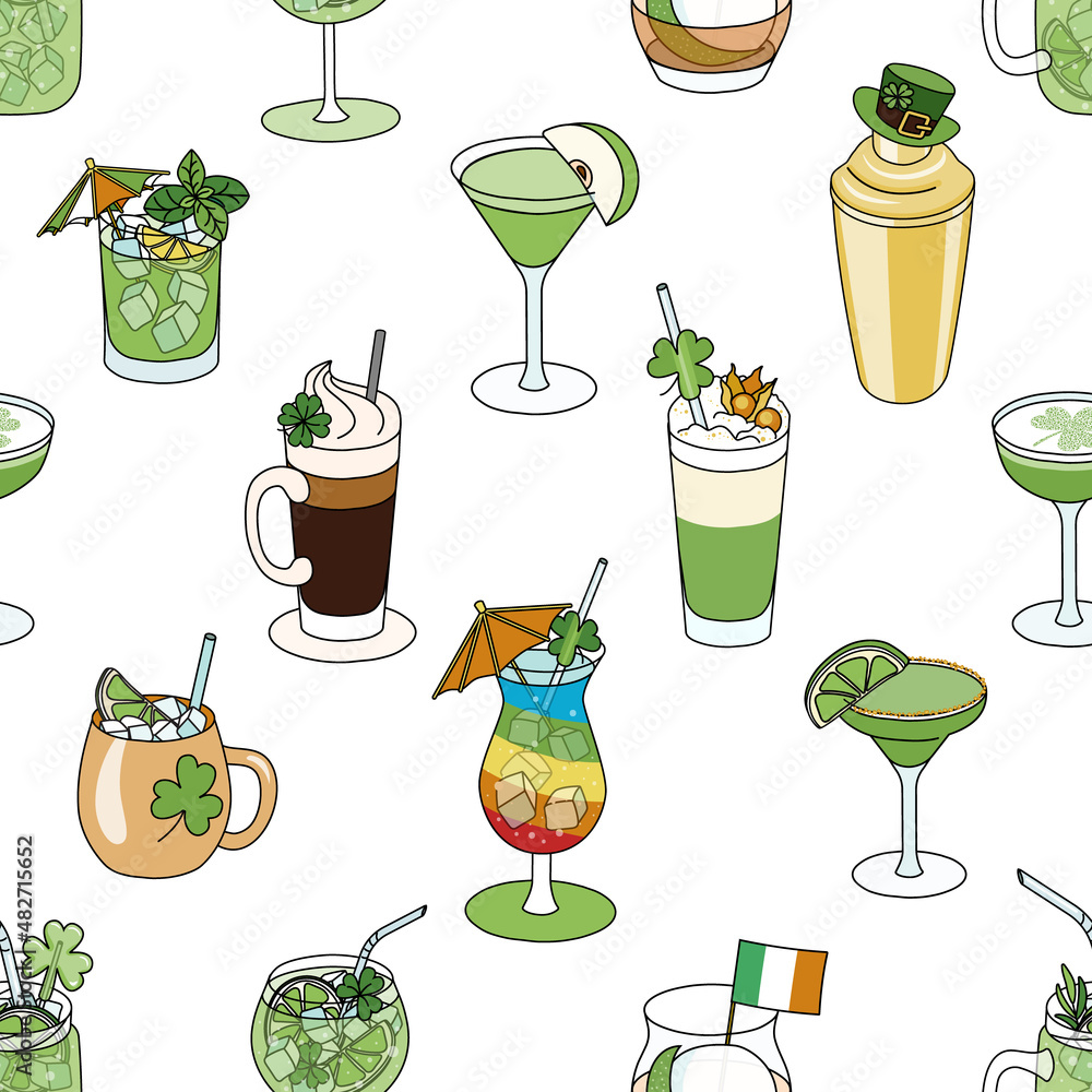 Saint Patricks Day special green cocktails seamless pattern vector ...