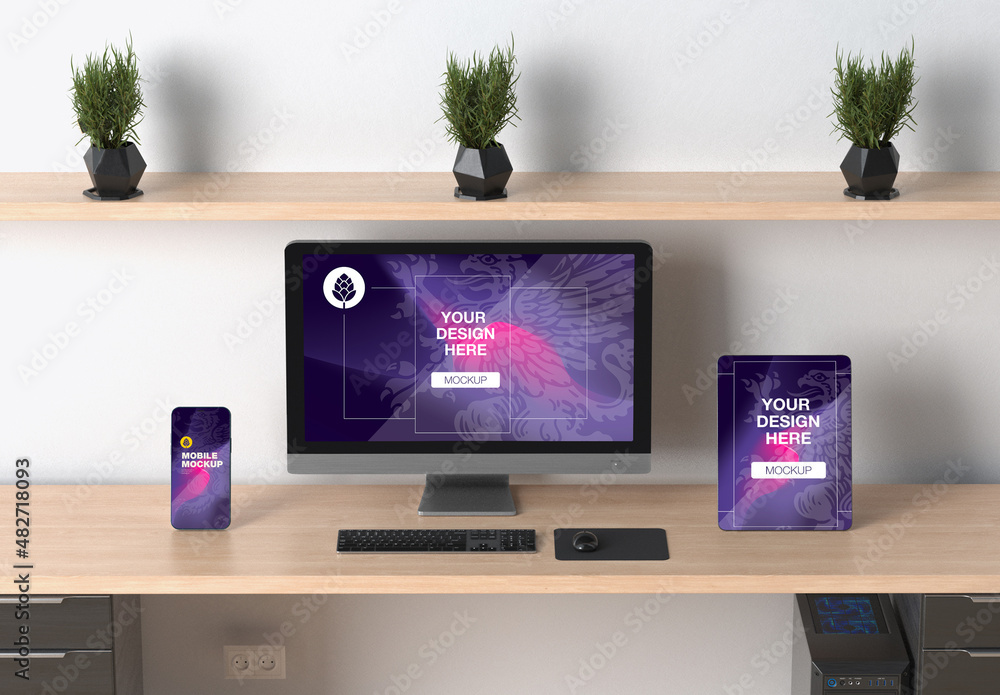 Desktop Computer Scene Mockup Stock Template | Adobe Stock