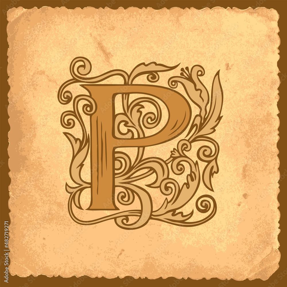 Ornate initial letter P with fairy tale decoration on an old paper ...