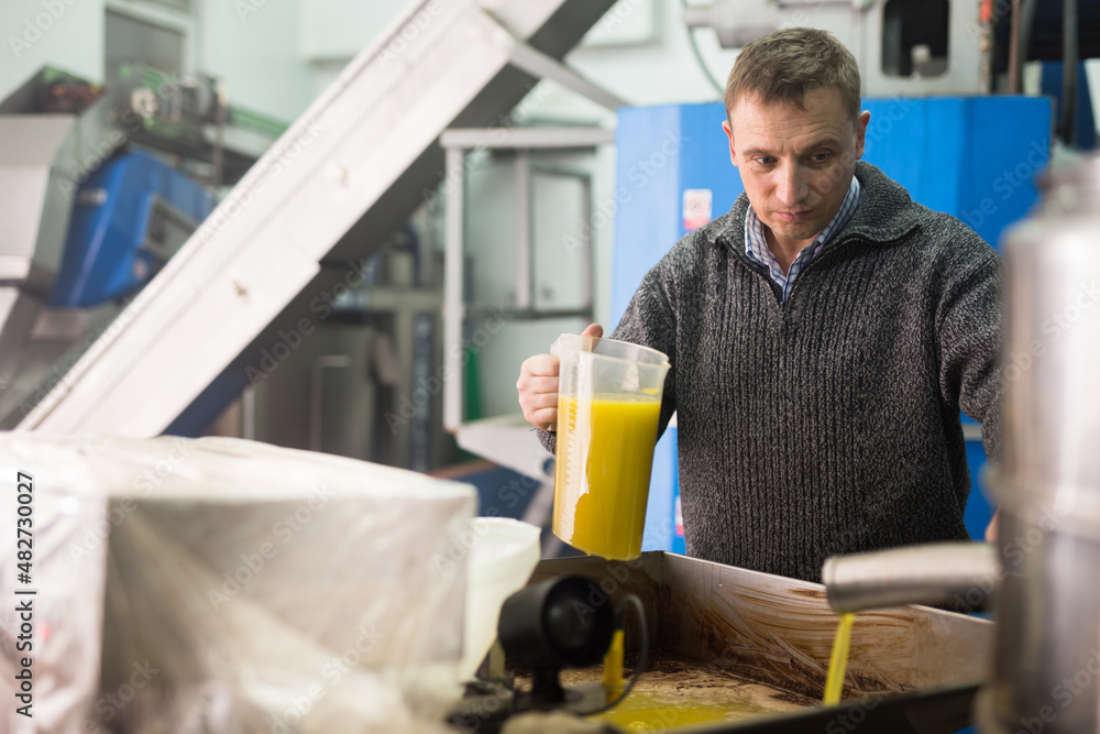 Man engaged in traditional olive oil production, controlling process of ...