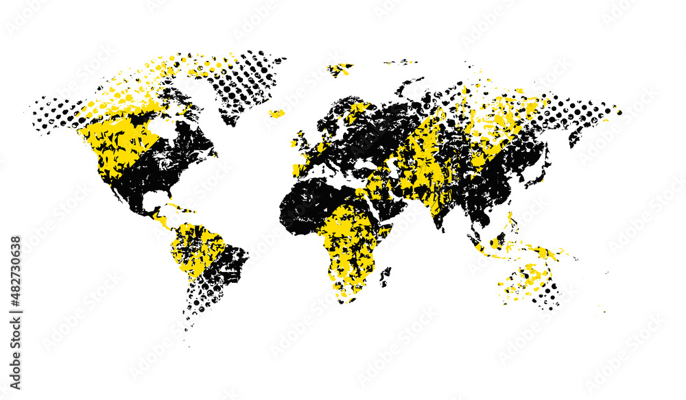 Grunge world map with cracks and scuffs, background yellow and black ...