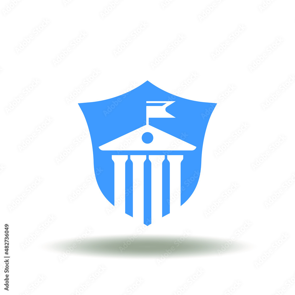 Vector illustration of shield with courthouse. Icon of justice. Symbol ...