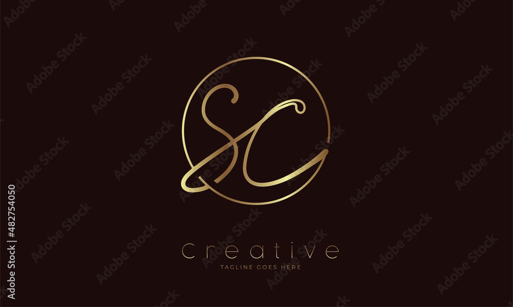 Initial SC Logo. hand drawn letter SC in circle with gold colour ...