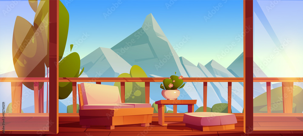 House terrace, wooden balcony with table, couch and view to mountains ...