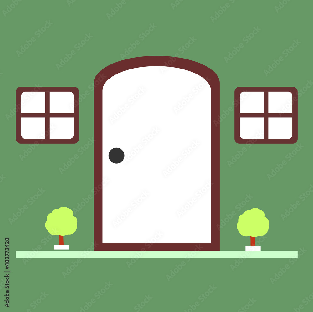Vector door and window cartoon animation background with green wall ...