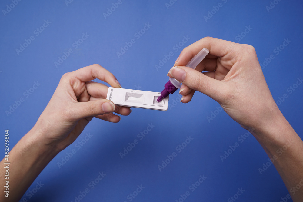 inserting the solution into the COVID-19 coronavirus rapid self-test ...