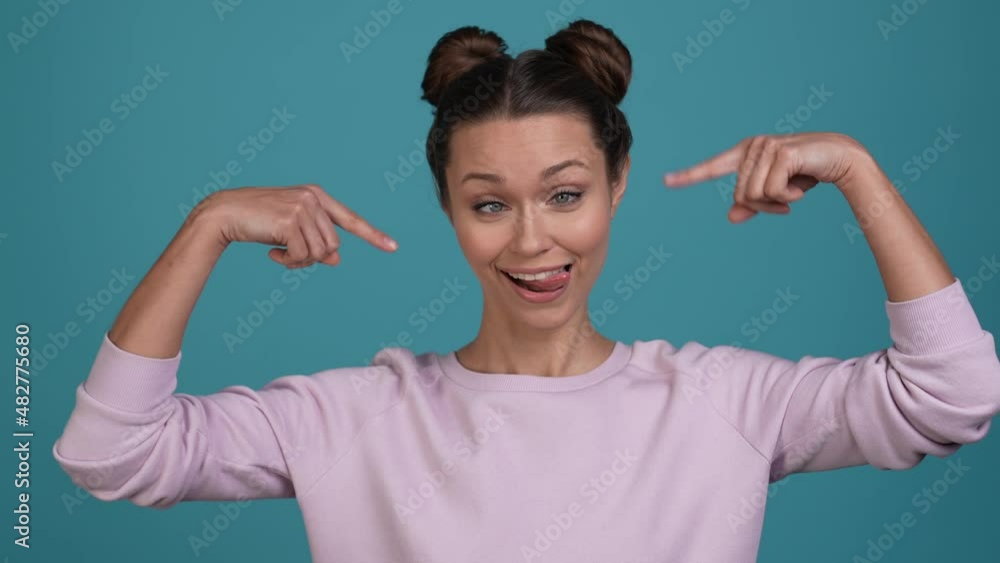 Grimace lady fish face blow cheeks laughter isolated bright color ...