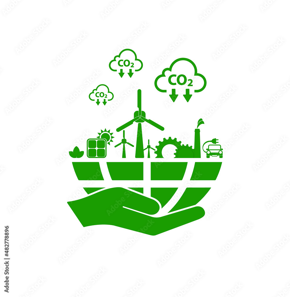 reducing CO2 emissions to stop climate change. green energy background ...