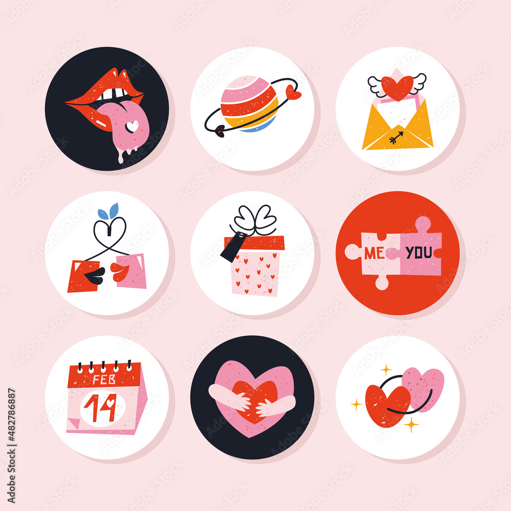 Set of cute vector love round stickers for daily diary and planner ...