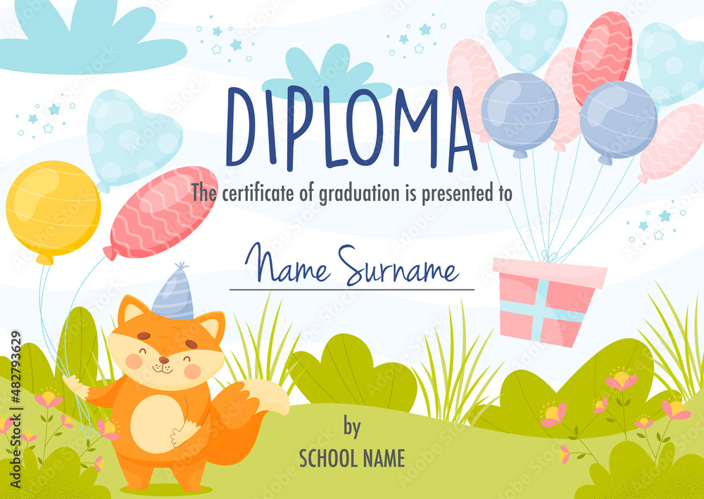 Diploma certificate concept template, with cute cartoon fox character ...