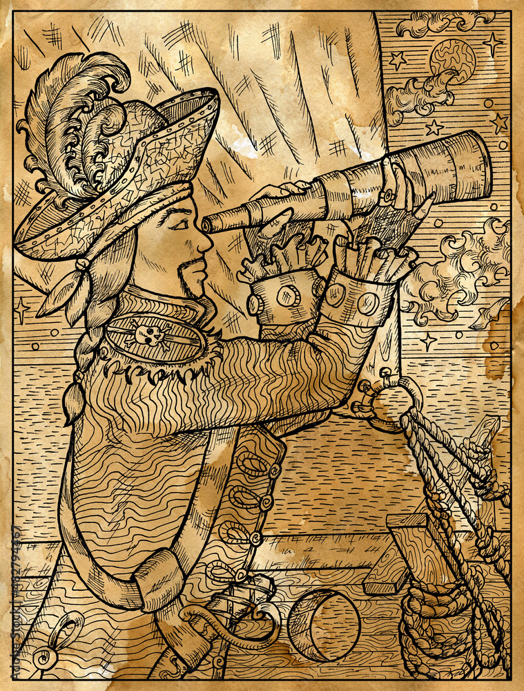 Old paper textured illustration of pirate captain looking at spy glass ...
