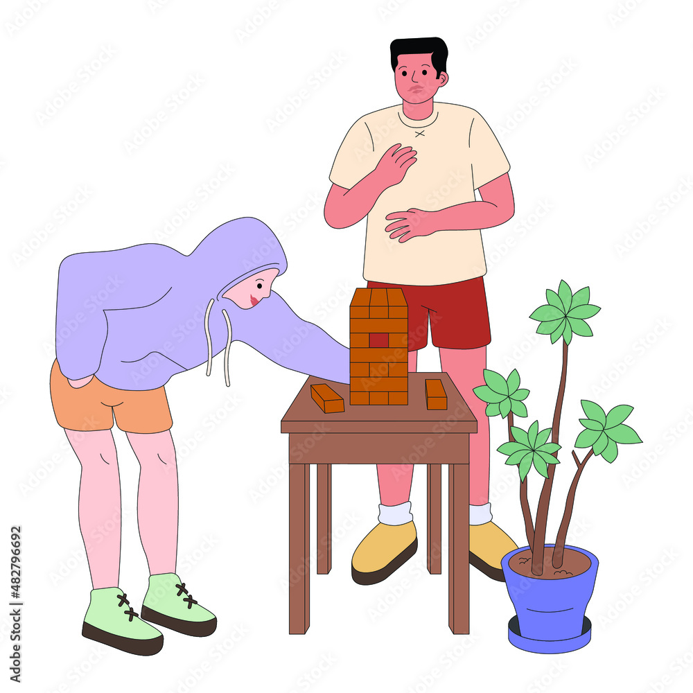 Playing jenga game vector illustration in line filled design Stock ...