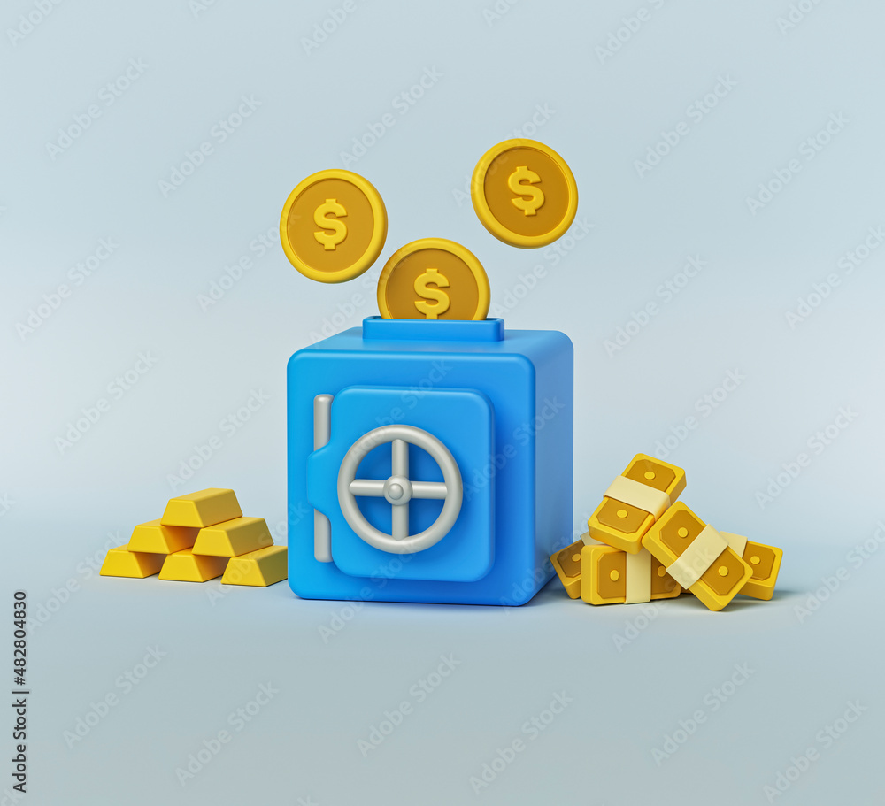 cartoon style blue Safe box with coins and stacks of dollar cash. 3d ...