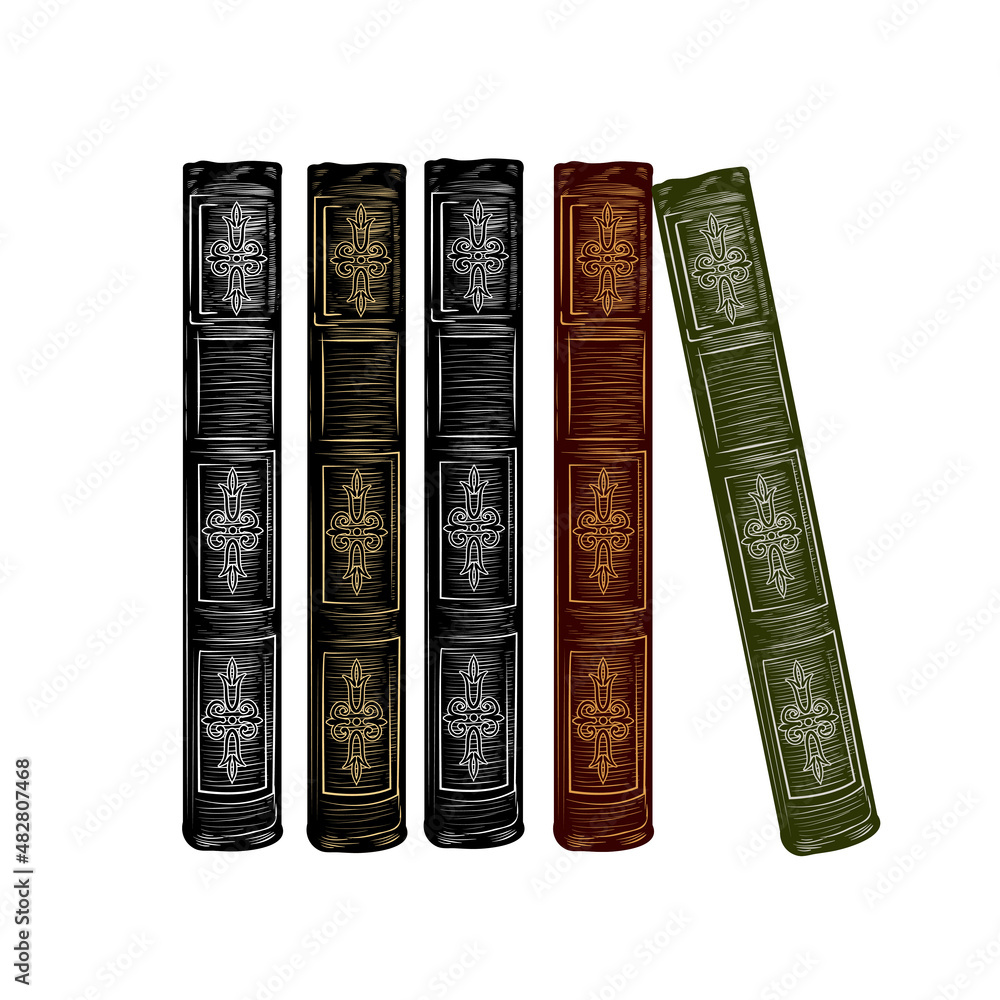 .Books. Sketch of book backs. Vector drawing in vintage style. Isolated ...