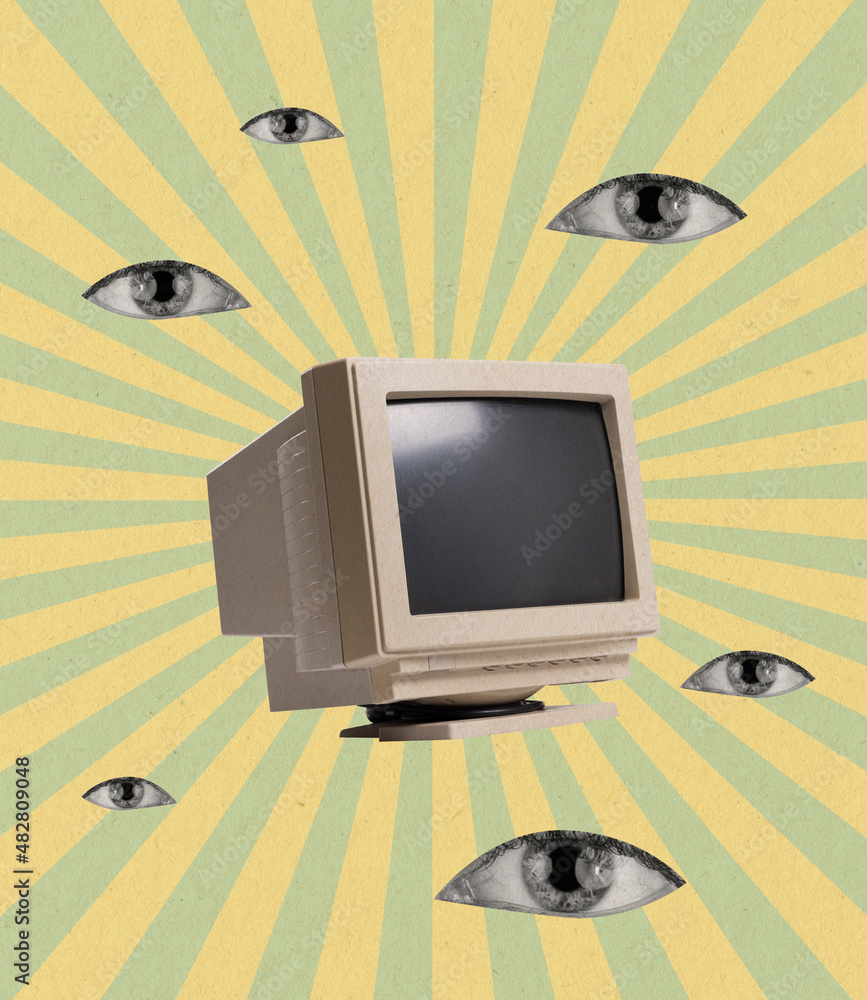 Contemporary art collage. Old-fashioned, retro computer, PC isolated ...