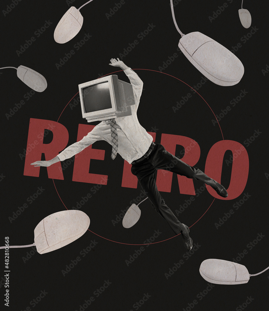 Young man, business man with retro computer, pc instead head flying ...
