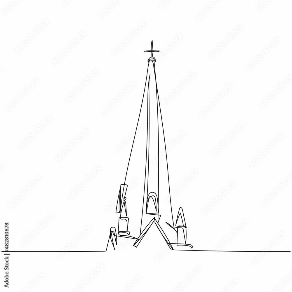 Continuous one simple single abstract line drawing of church spire in ...