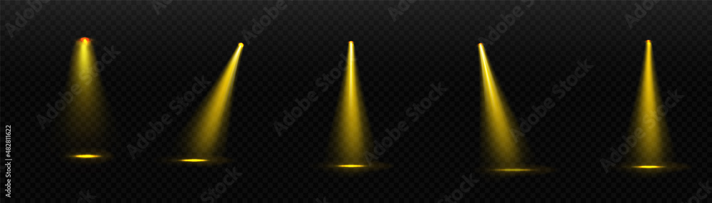 Set of spotlights isolated on transparent background. Vector glowing light effect with yellow ...