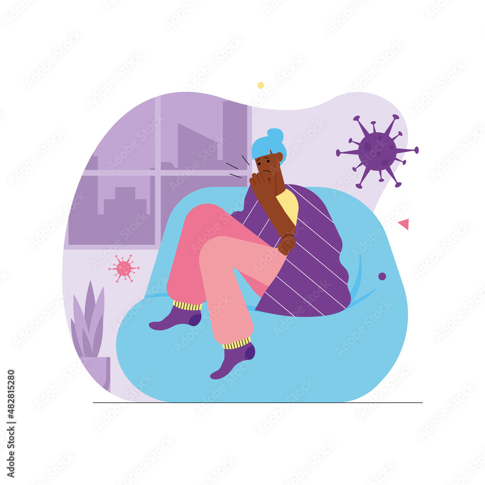 Coronavirus infection disease modern flat concept. Sick girl with high ...