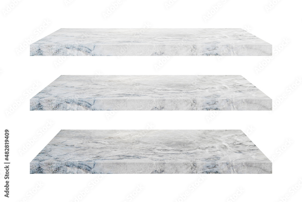 three grey marble stone shelves isolated on white background with ...
