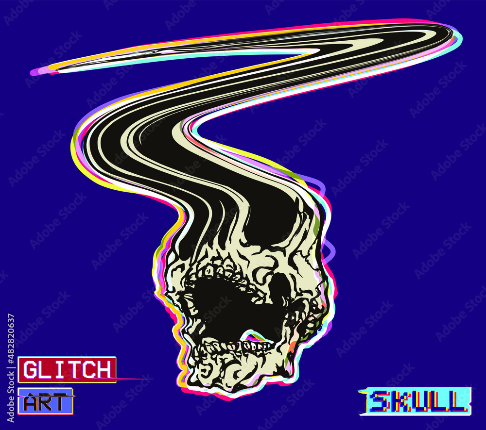 Vector GLITCH ART screaming skull illustration zigzag deformed in the ...