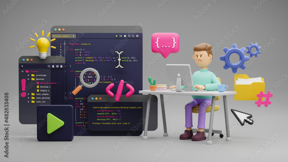 Programmer developer typing script source languages coding symbols icon development project data ...