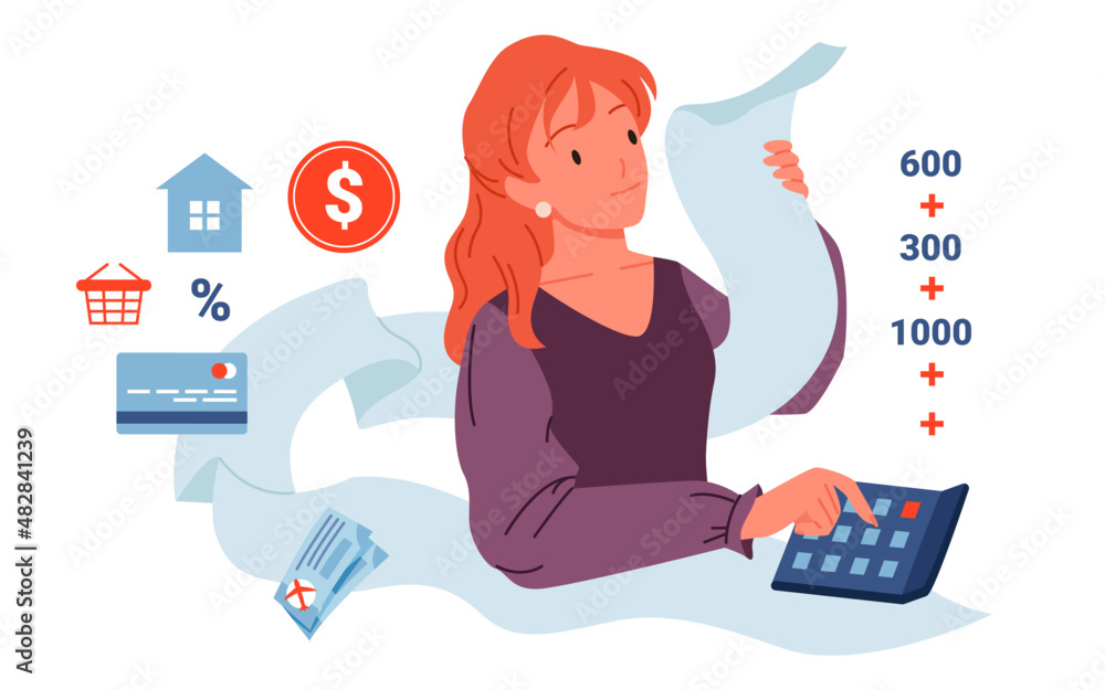 Cartoon woman with calculator and invoice receipt calculating balance ...