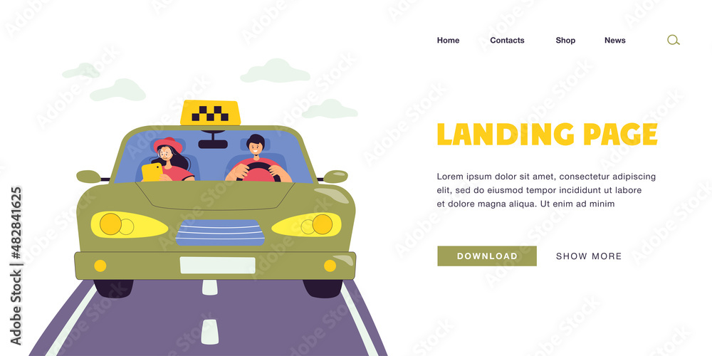 Taxi driver taking passenger to destination. Flat vector illustration ...