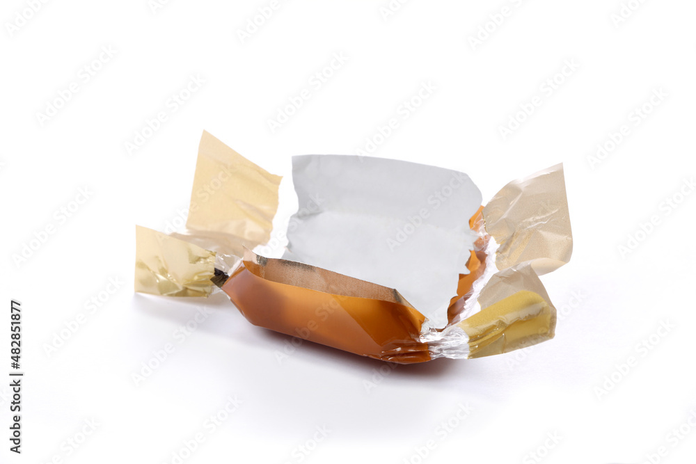 candy brown wrapper empty and open isolated on white background with ...
