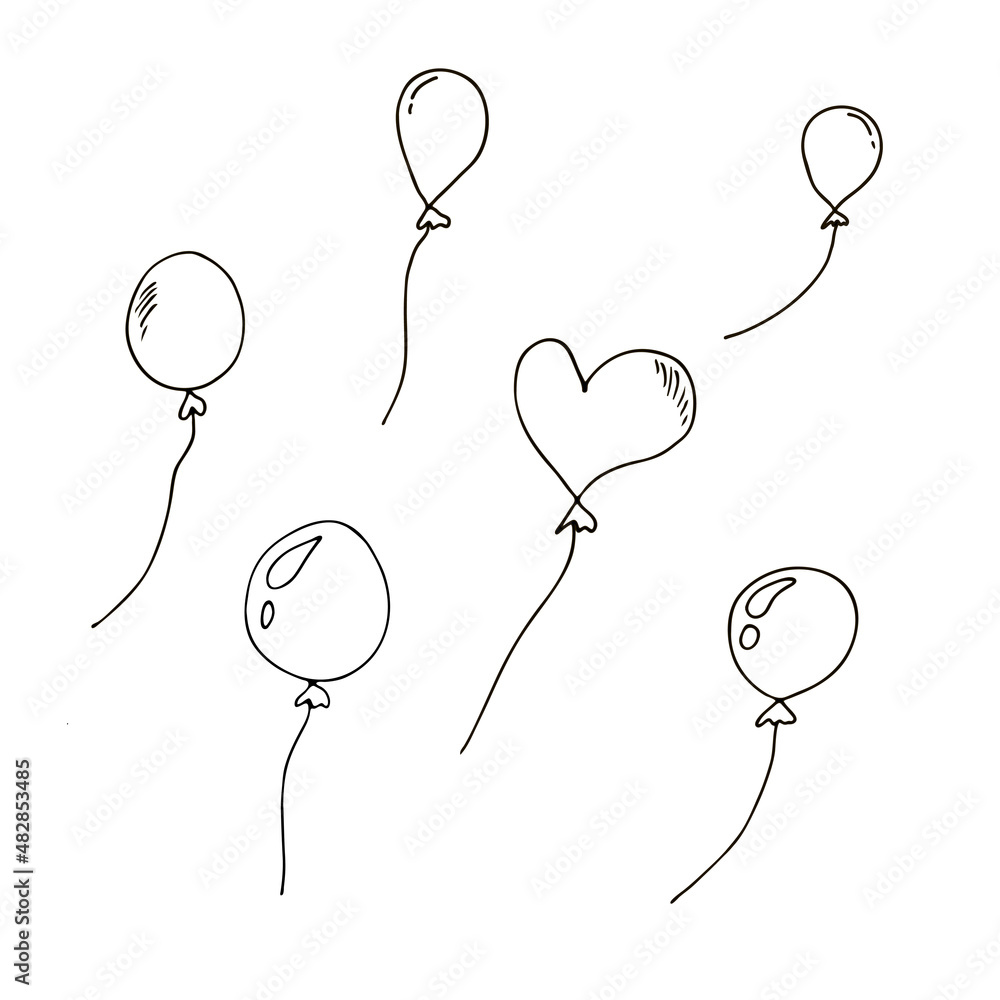 Balloon with doodles. Hand-drawn illustration in cartoon style. Black ...