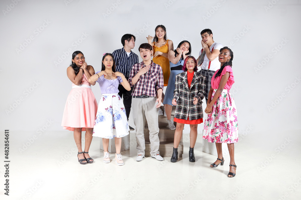 Young aisan large group of man woman drama acting theatre student ...