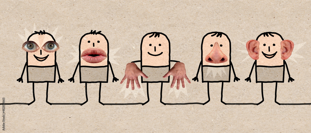 Hand drawn Cartoon characters and five senses Stock Illustration ...