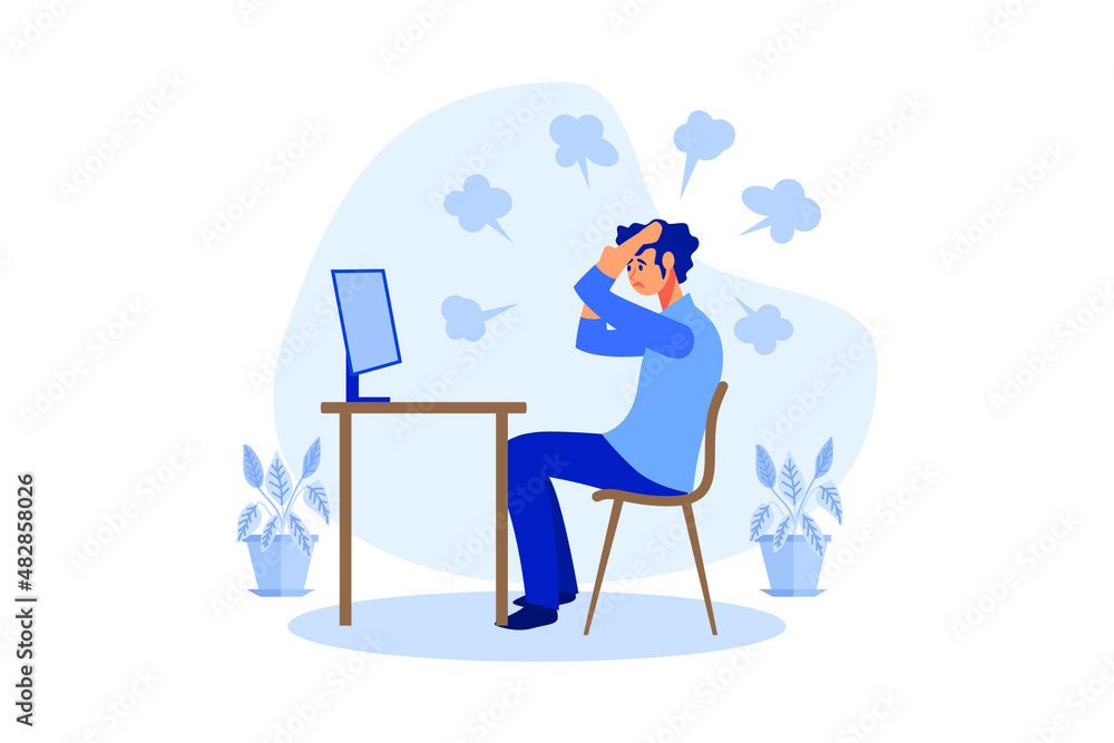 Anger men on the desk, computer screen, work problems that do not meet ...