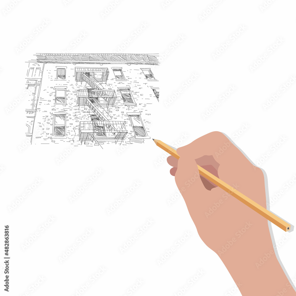 Hand with pencil drawing city sketch. Vector illustration Stock Vector ...