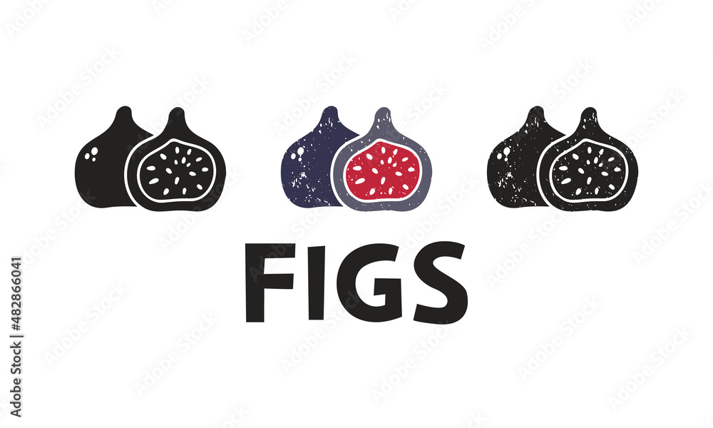 Figs, silhouette icons set with lettering. Imitation of stamp, print ...
