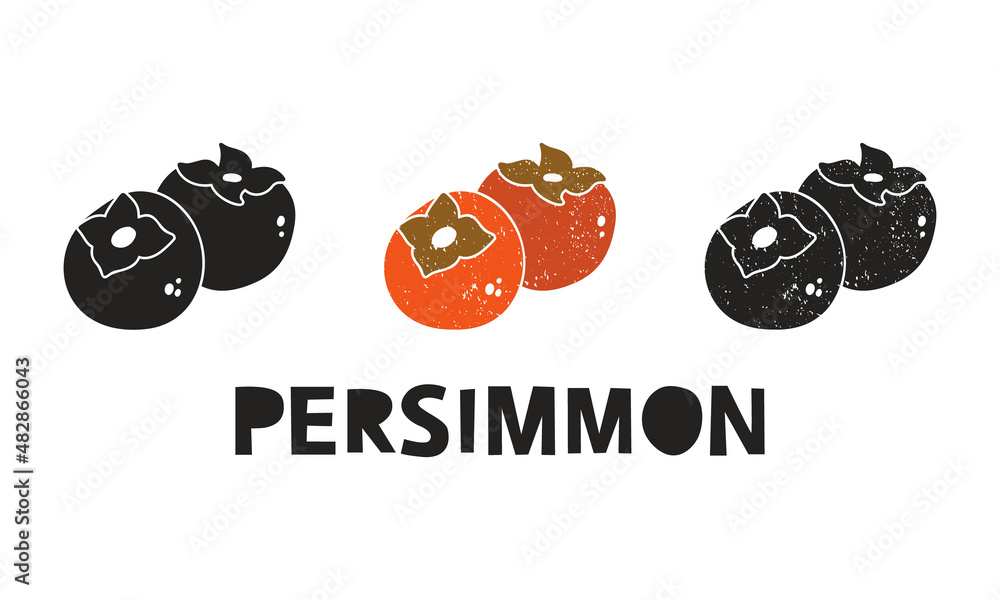 Persimmon, silhouette icons set with lettering. Imitation of stamp ...