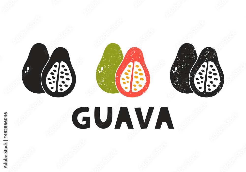 Guava, silhouette icons set with lettering. Imitation of stamp, print ...