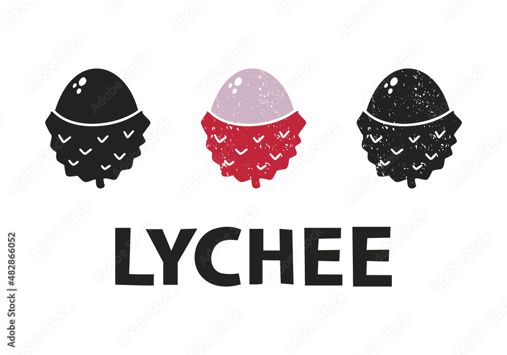Lychee, silhouette icons set with lettering. Imitation of stamp, print ...