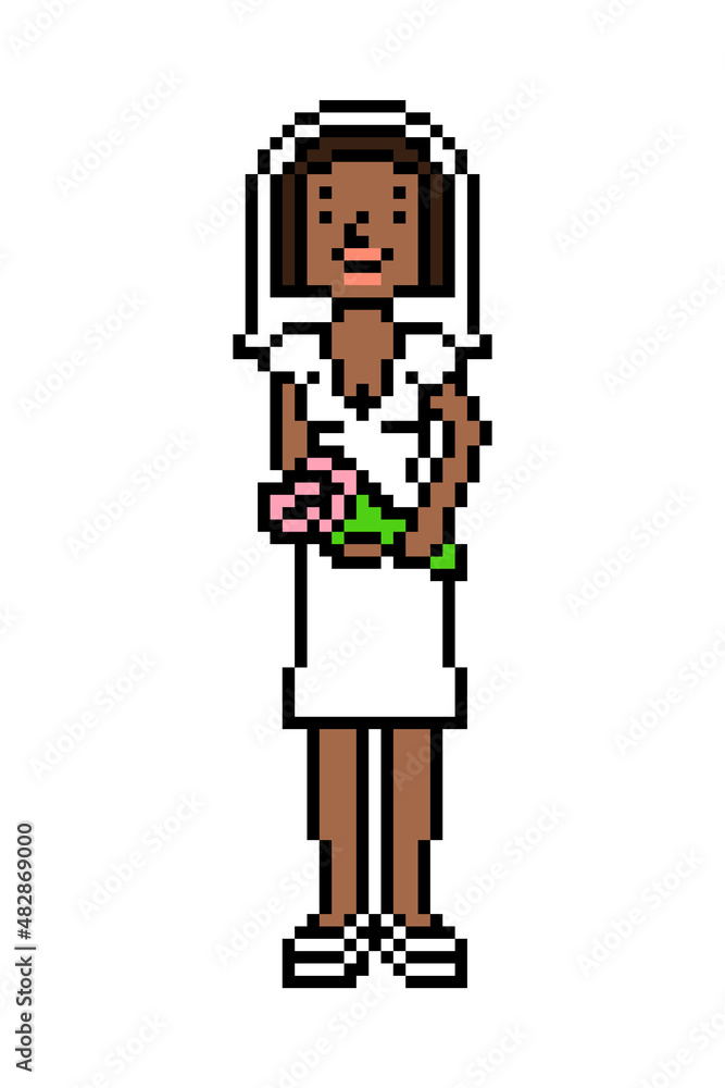 Pixel art happy bride with flowers on a wedding day, 8 bit black girl ...