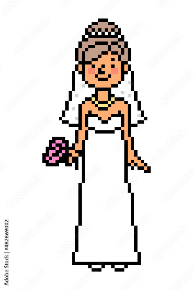 Pixel art happy bride with flowers on a wedding day, 8 bit girl ...